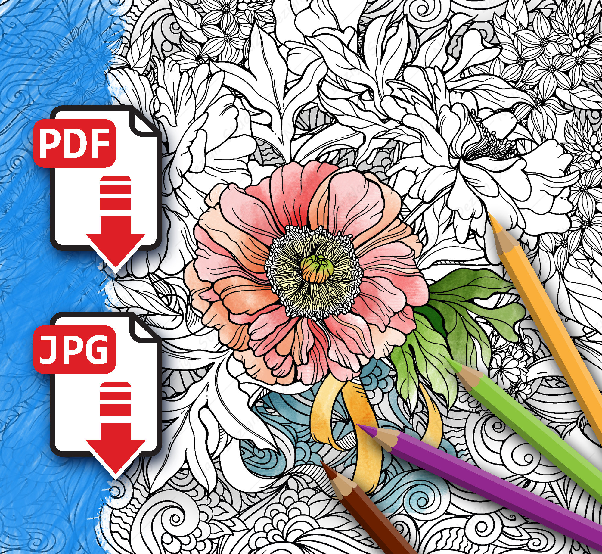 Adult Botanical Coloring Page With Peonies Flowers PDF - Etsy