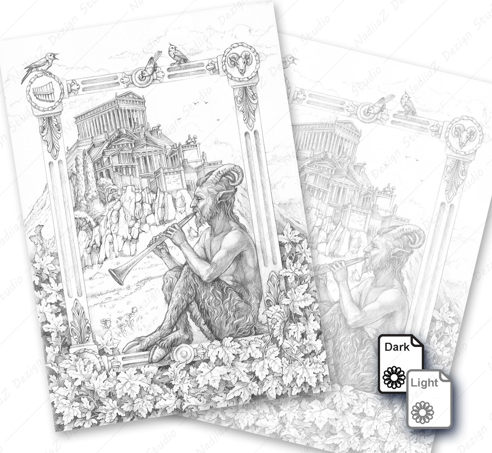 Adult Coloring Page of Grayscale Portrait of Faun. PDF, Printable ...