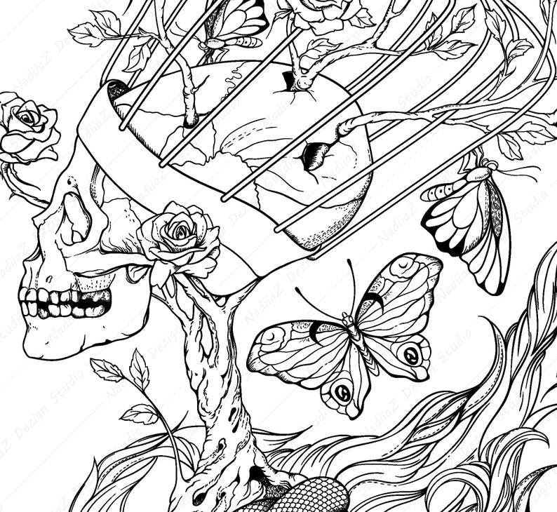 Coloring Page of Illustration With Skull Snake Butterflies - Etsy