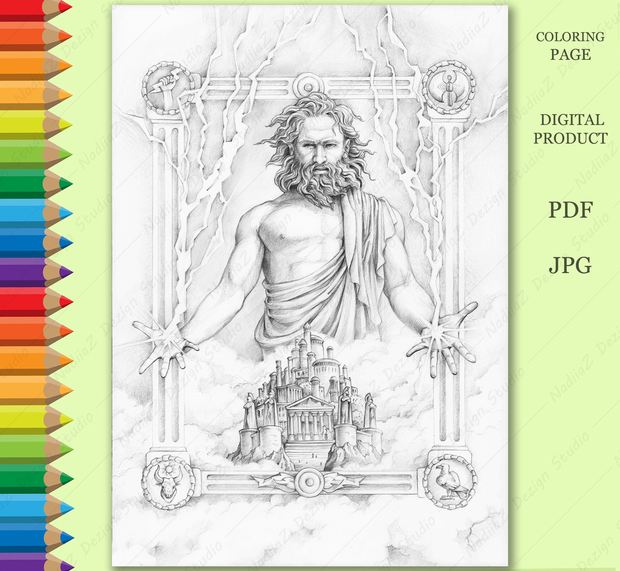 Adult Coloring Page of Grayscale Portrait of Zeus. PDF | Etsy