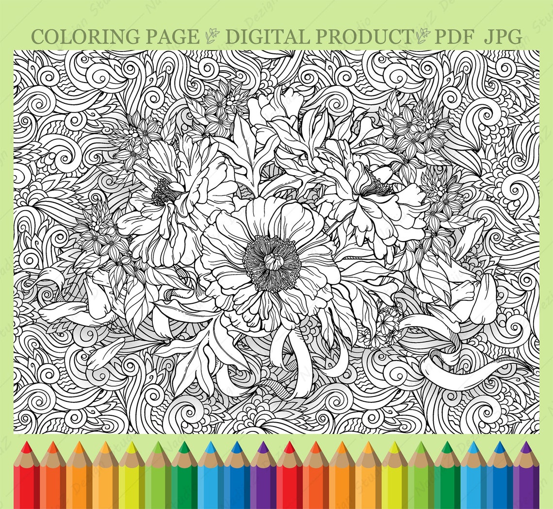Adult Botanical Coloring Page With Peonies Flowers PDF - Etsy