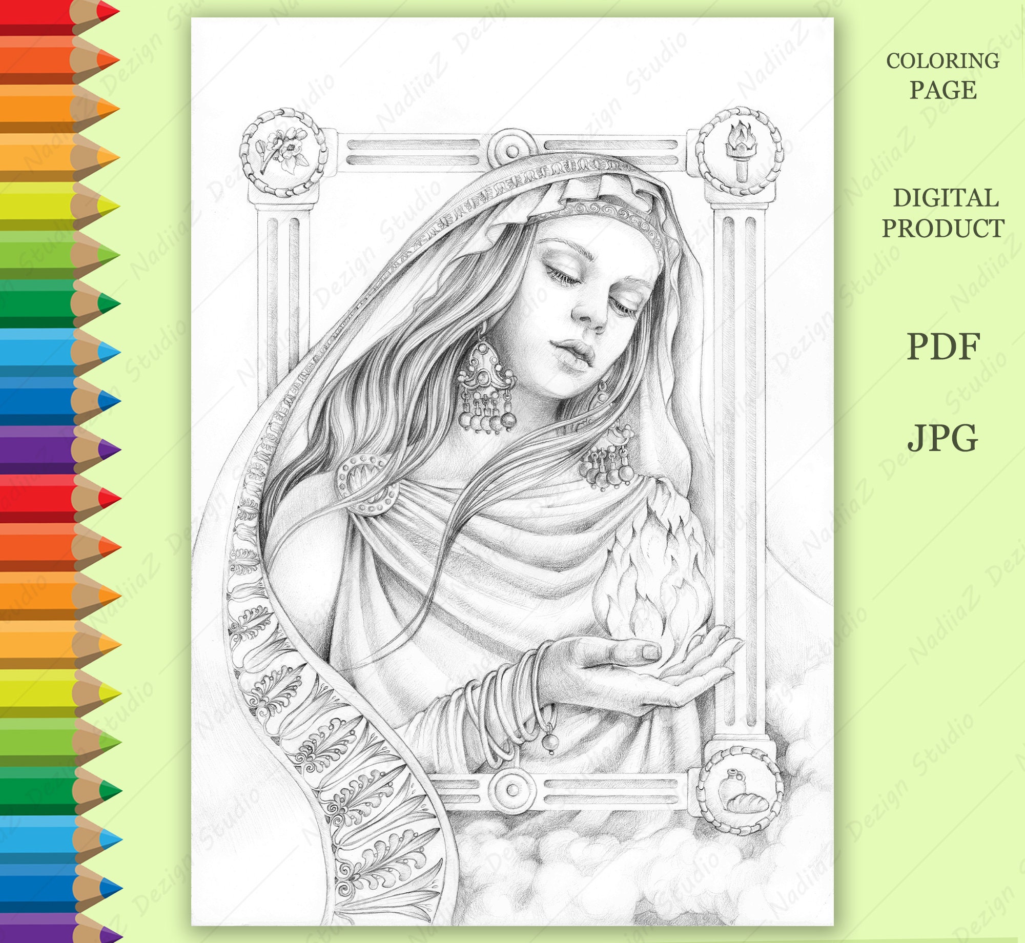 Adult Coloring Page of Grayscale Portrait of Goddess Hestia. PDF ...