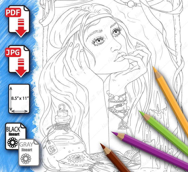 Coloring Page of Portrait of a Girl Wizard's Apprentice. - Etsy