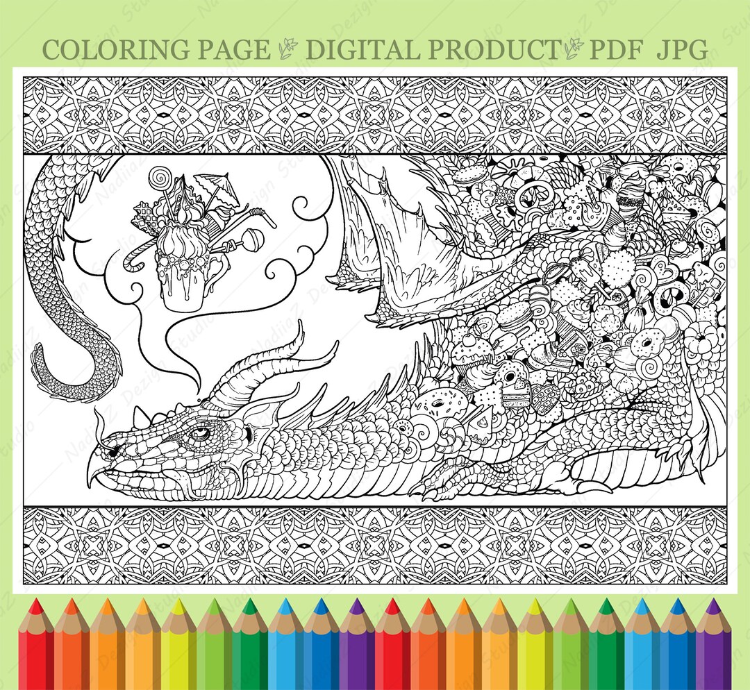 Adult Fantasy Coloring Page of Sweet-tooth Dragon, PDF Coloring Page ...