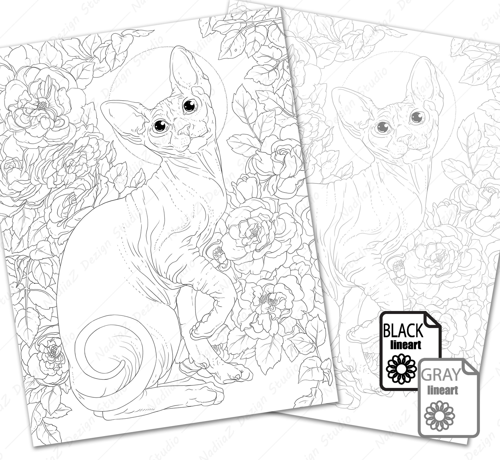 Coloring Page With Cat and Roses PDF Coloring Page Printable | Etsy