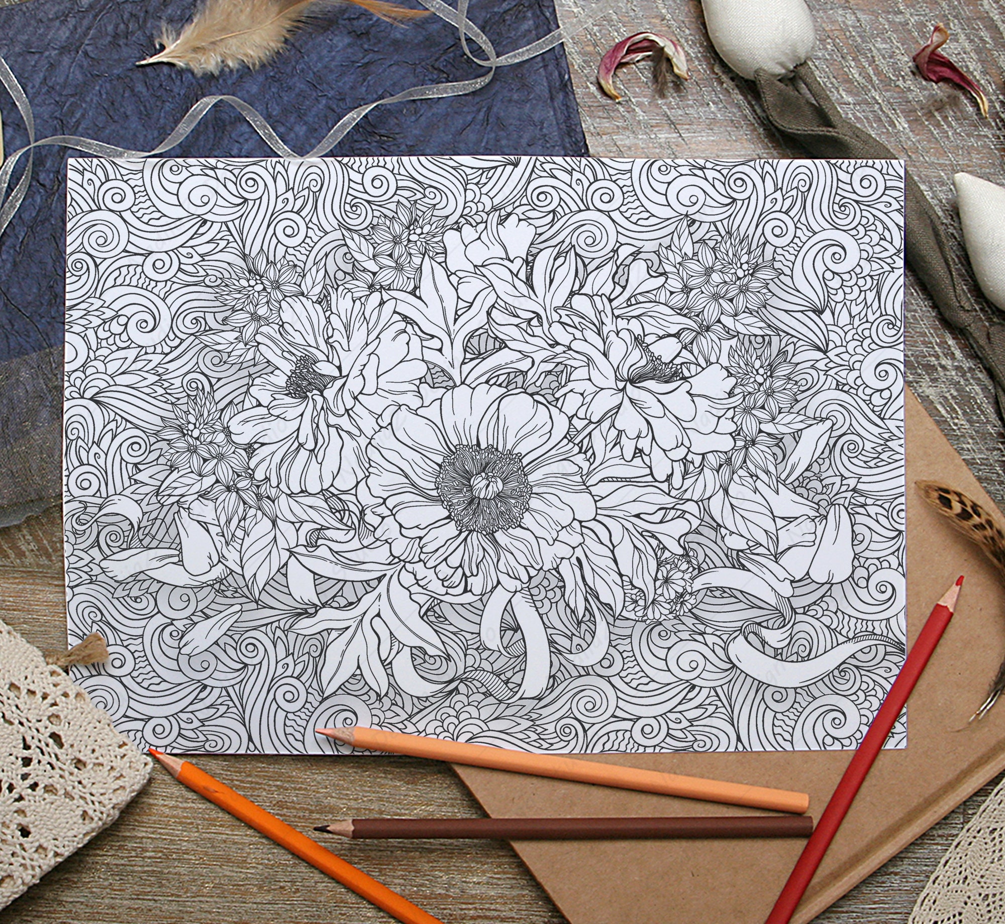 Adult Botanical Coloring Page With Peonies Flowers PDF - Etsy