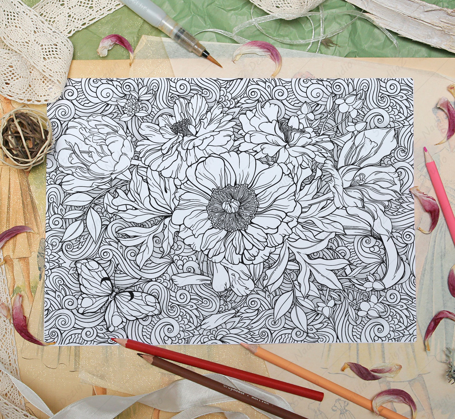 Adult Botanical Coloring Page With Summer Flowers PDF | Etsy