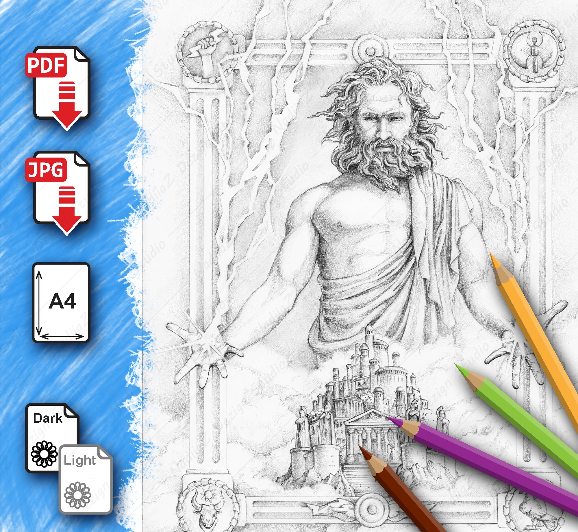 Adult Coloring Page of Grayscale Portrait of Zeus. PDF | Etsy