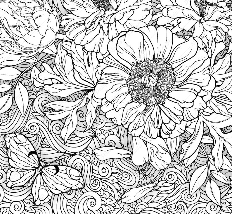 Adult Botanical Coloring Page With Summer Flowers PDF - Etsy