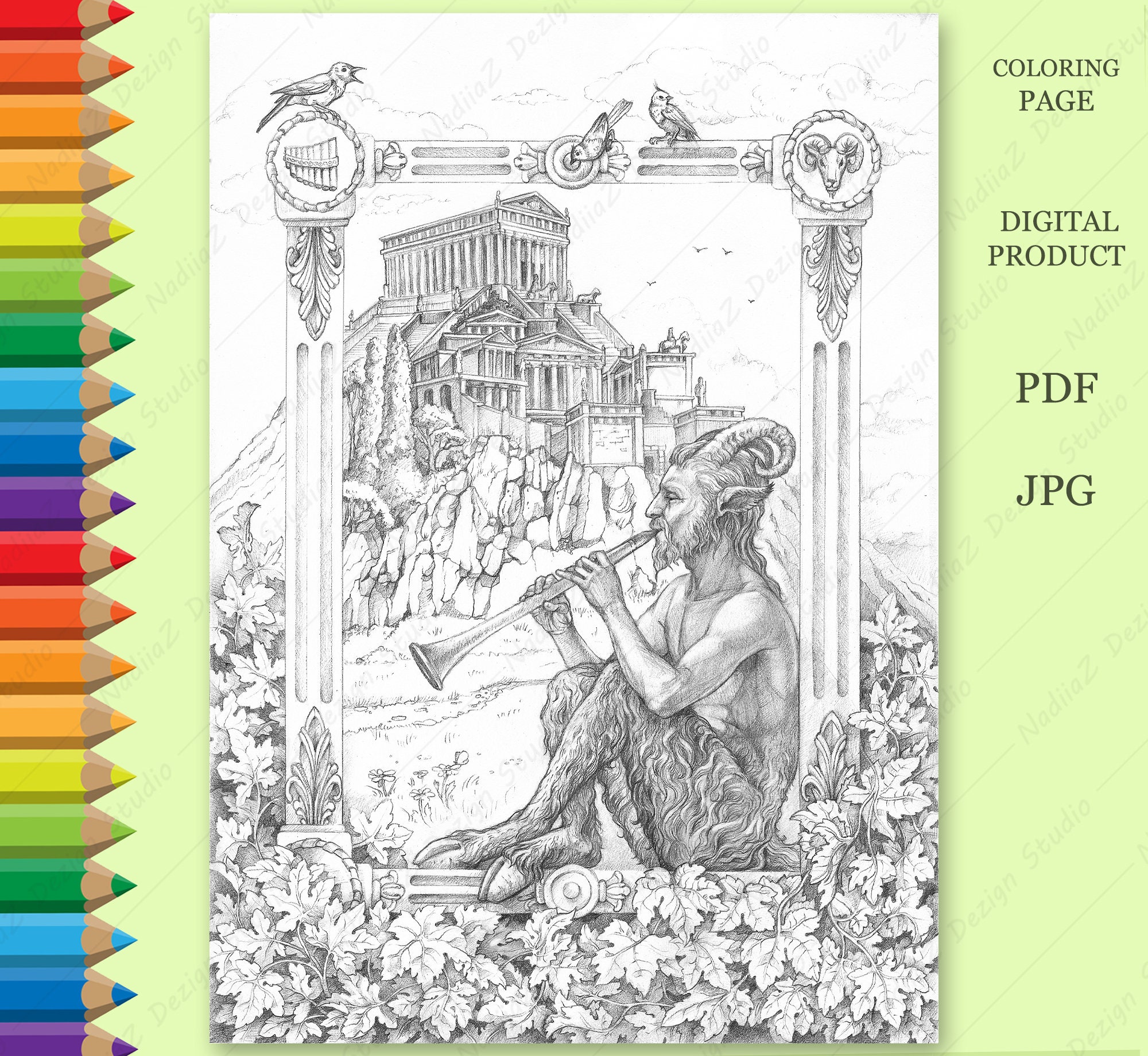 Adult Coloring Page of Grayscale Portrait of Faun. PDF, Printable ...