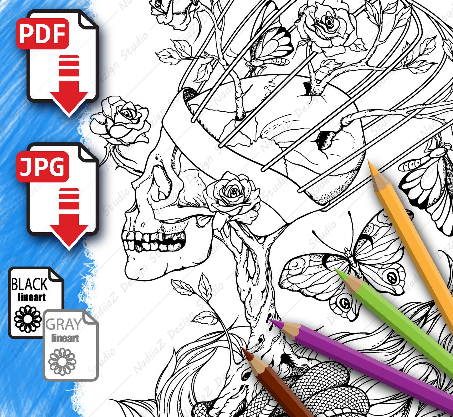 Coloring Page of Illustration With Skull Snake Butterflies - Etsy