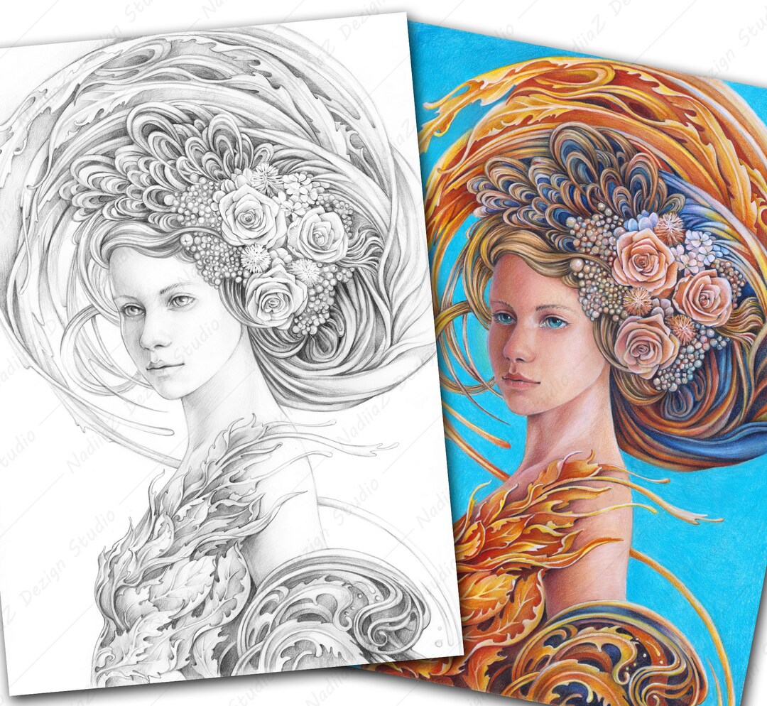 Art Nouveau Nymph Coloring Page – Fantasy Woman Portrait, Grayscale ...