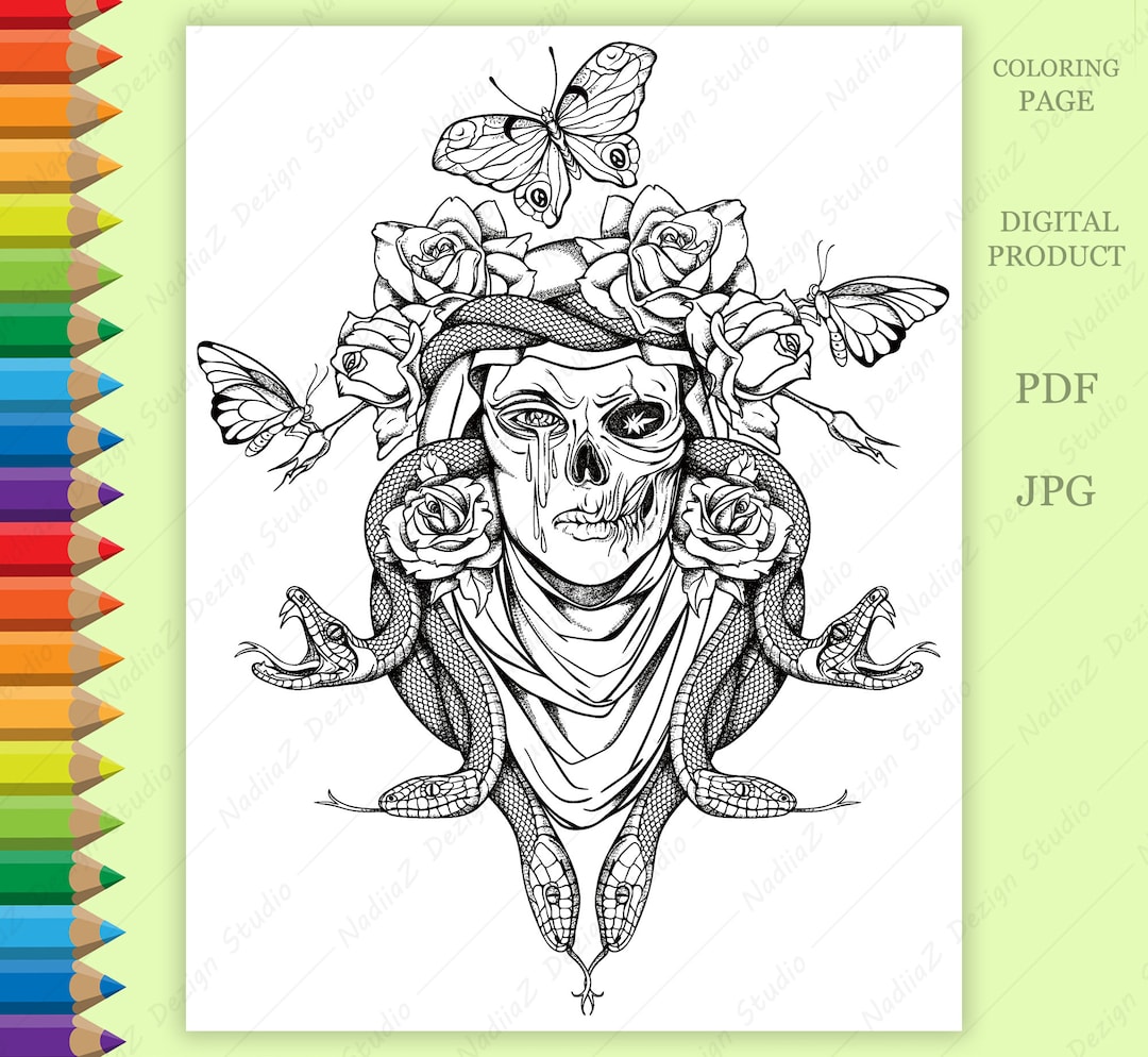 Horror Coloring Page of Illustration With Skull, Snakes, Butterflies ...