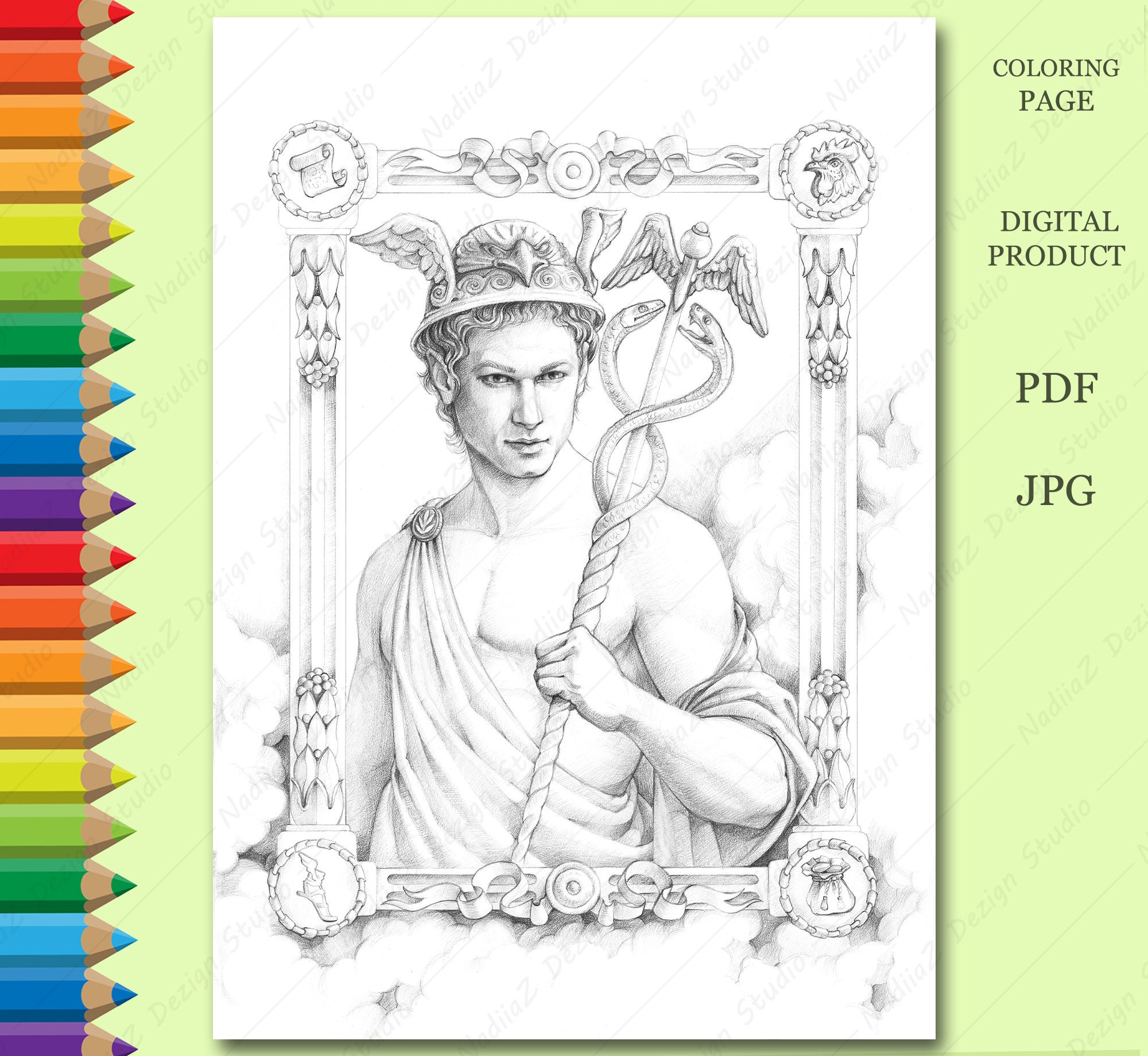 Adult Coloring Page of Grayscale Portrait of Hermes. PDF, Printable ...