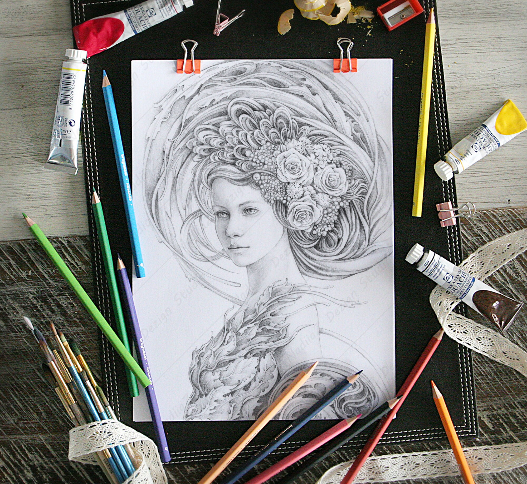 Art Nouveau Nymph Coloring Page – Fantasy Woman Portrait, Grayscale ...