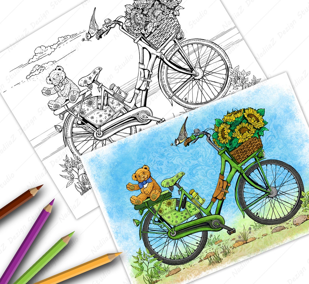 Coloring Page of Bike With a Teddy Bear and a Basket of Sunflowers, PDF ...