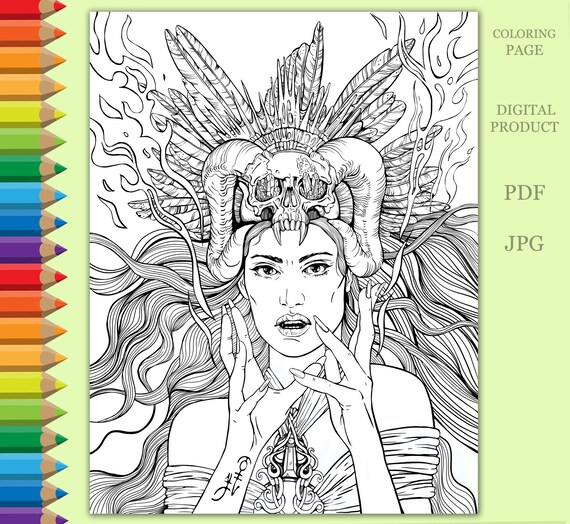Coloring page of the witch with skull PDF Printable Adult | Etsy