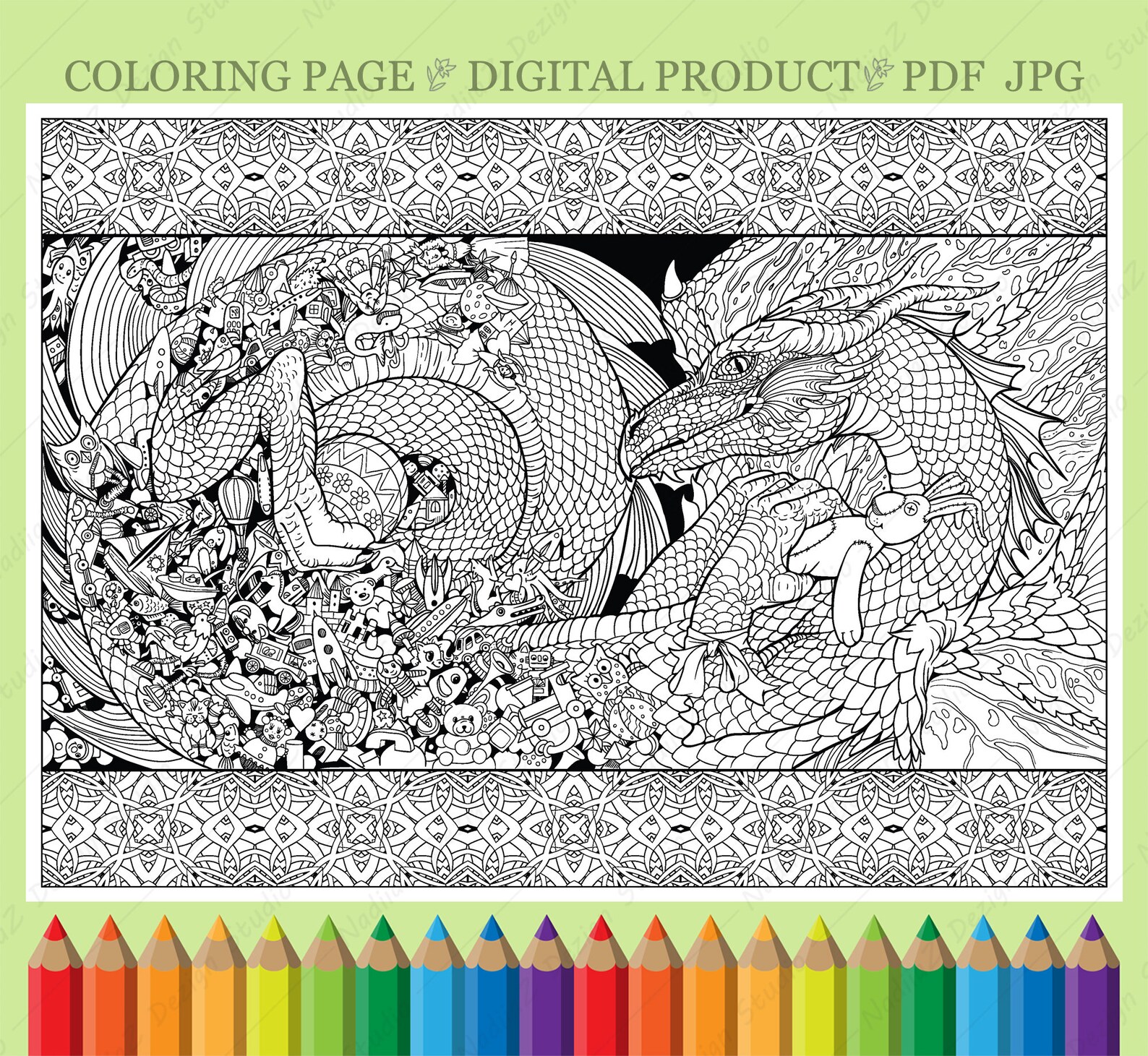 Adult Fantasy Coloring Page of Dragon With Toys PDF - Etsy