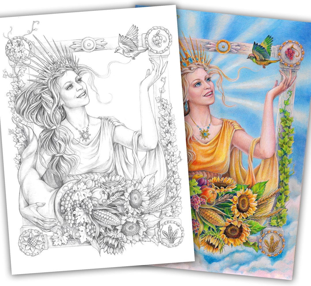 Grayscale Portrait Coloring Page: Girl With Cornucopia (PDF) - Etsy