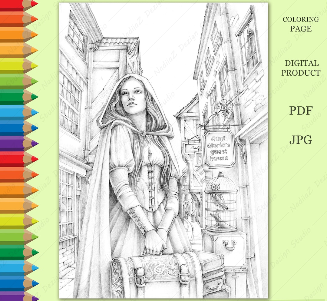 Grayscale Fantasy Coloring Page – Hand-drawn Girl Wizard Art, Magical ...