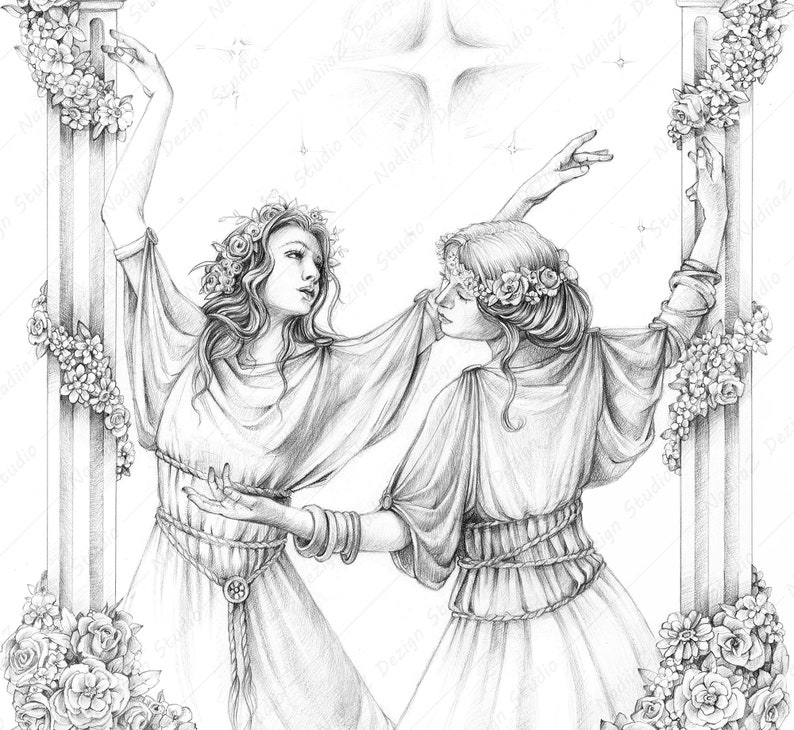 Adult Coloring Page of Grayscale Portrait of the Two Nymphs. PDF ...