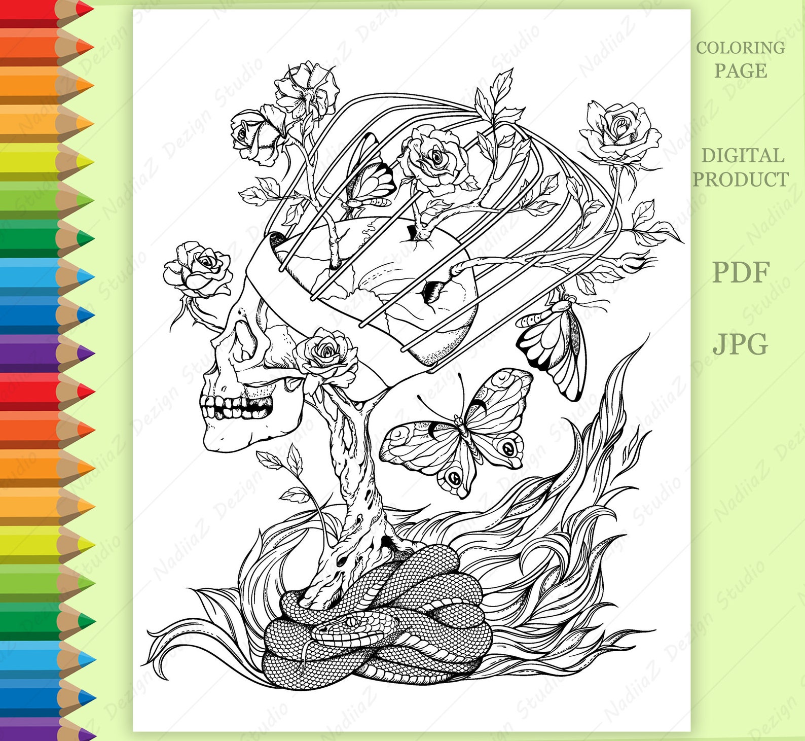 Coloring Page of Illustration With Skull Snake Butterflies - Etsy