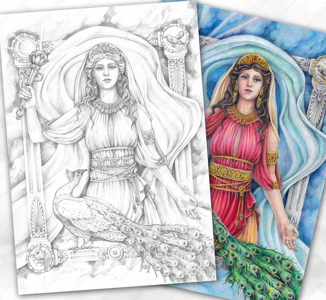 Adult Coloring Page of Grayscale Portrait of Girl as the Goddess Hera ...