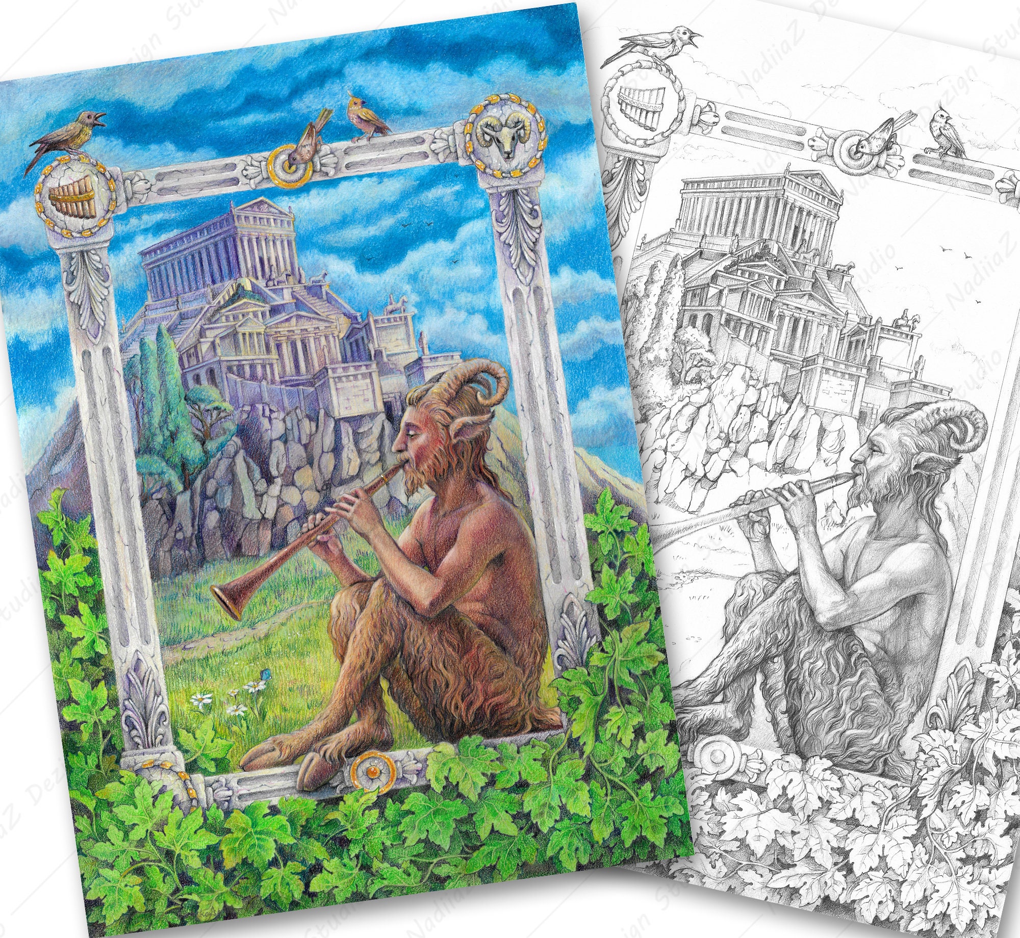 Adult Coloring Page of Grayscale Portrait of Faun. PDF, Printable ...