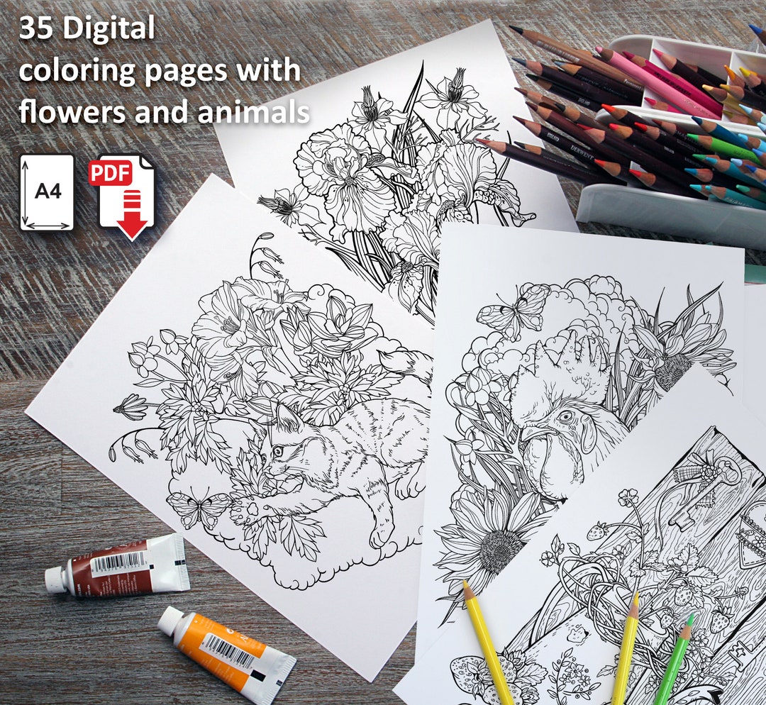 35 Digital Coloring Pages With Flowers and Animals, Adult Digital ...