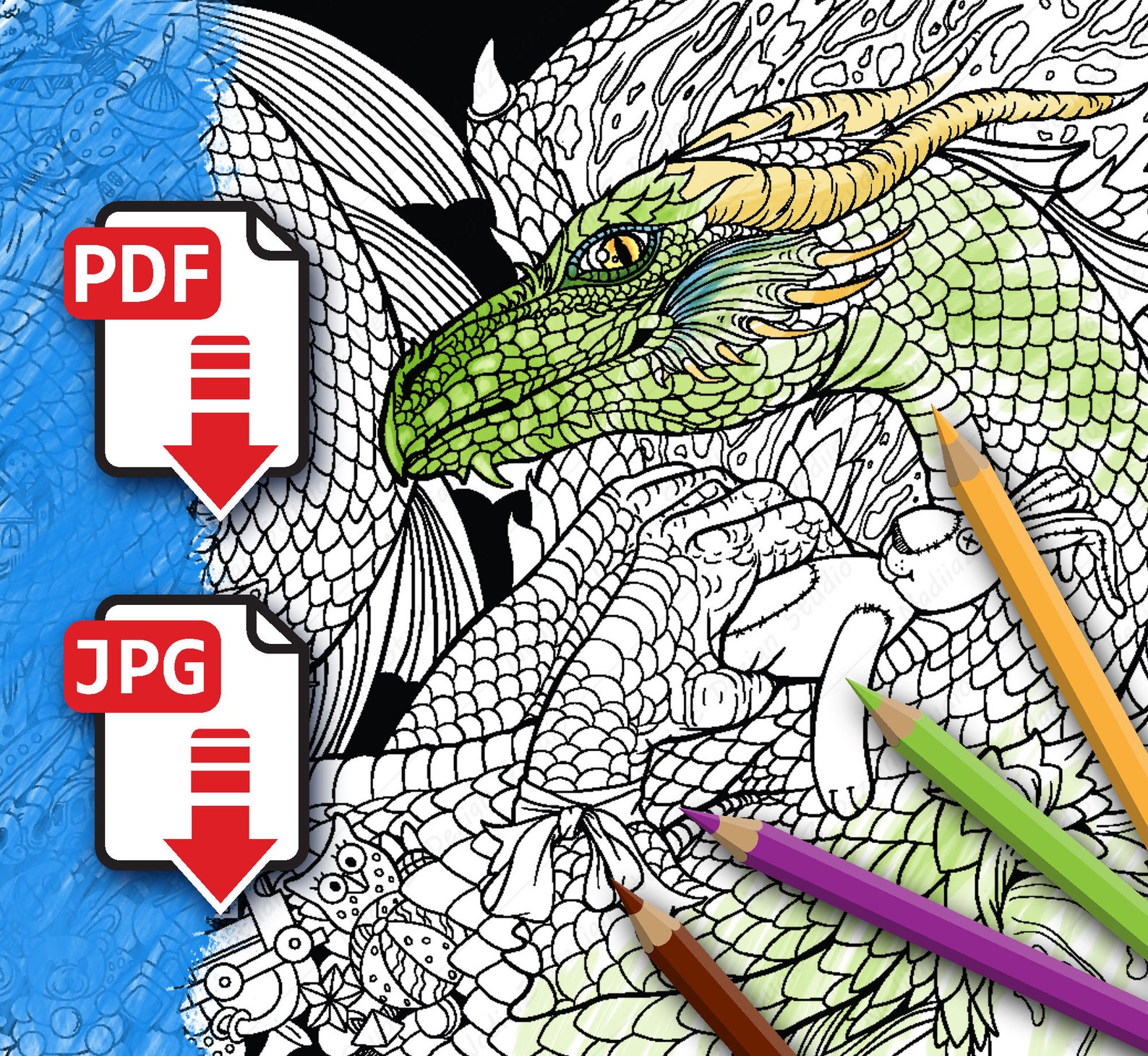 Adult Fantasy Coloring Page of Dragon With Toys PDF - Etsy