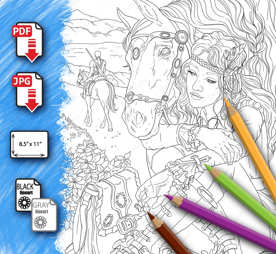 Girl and Horse Portrait, Romantic Love Story Art, Coloring Page (PDF ...