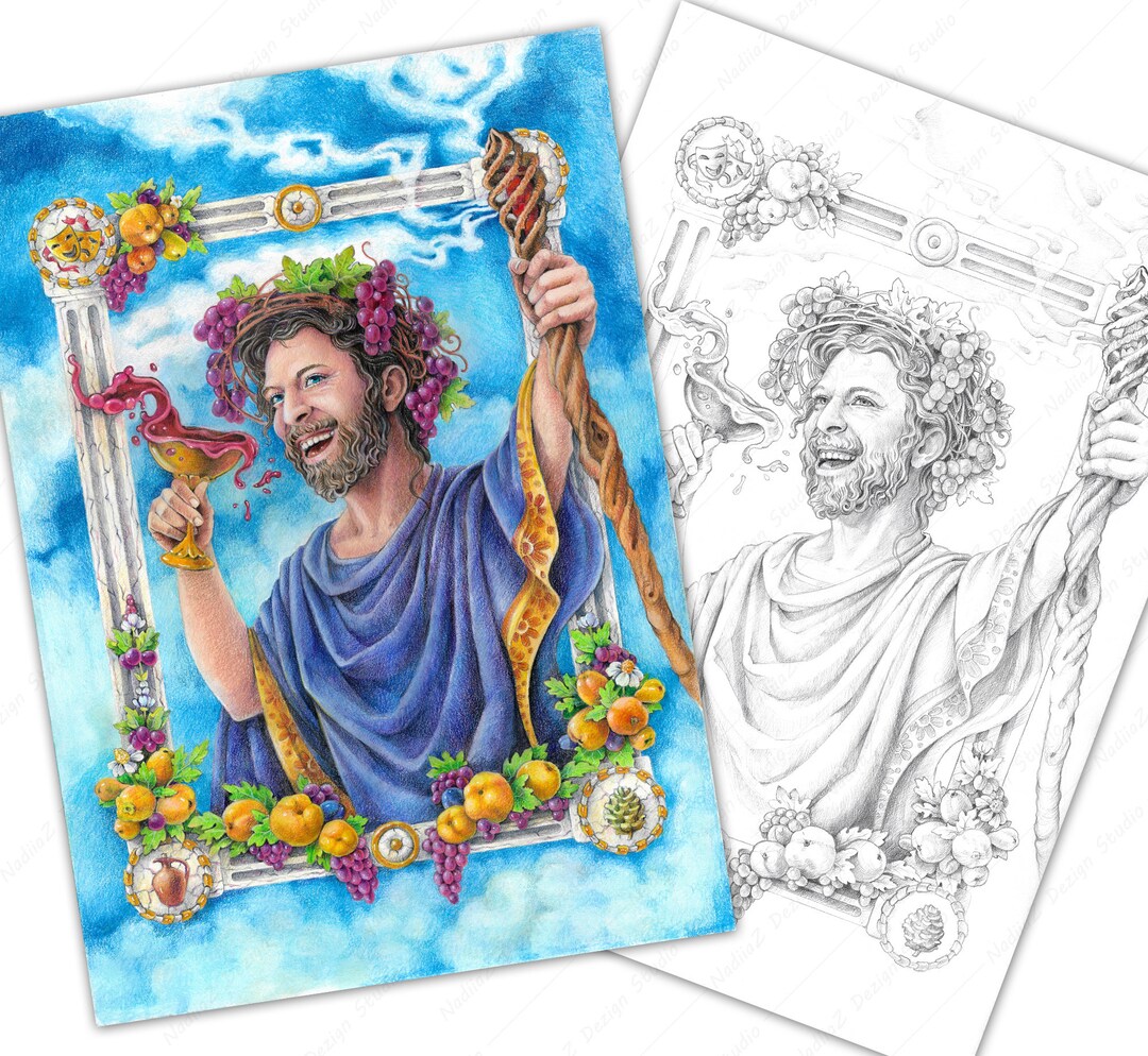 Dionysus God of Wine Grayscale Coloring Page PDF JPG Digital Download ...