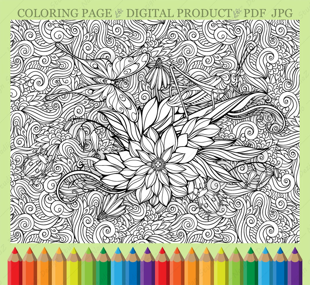 Adult Botanical Coloring Page With Flowers and Grasshopper, PDF ...