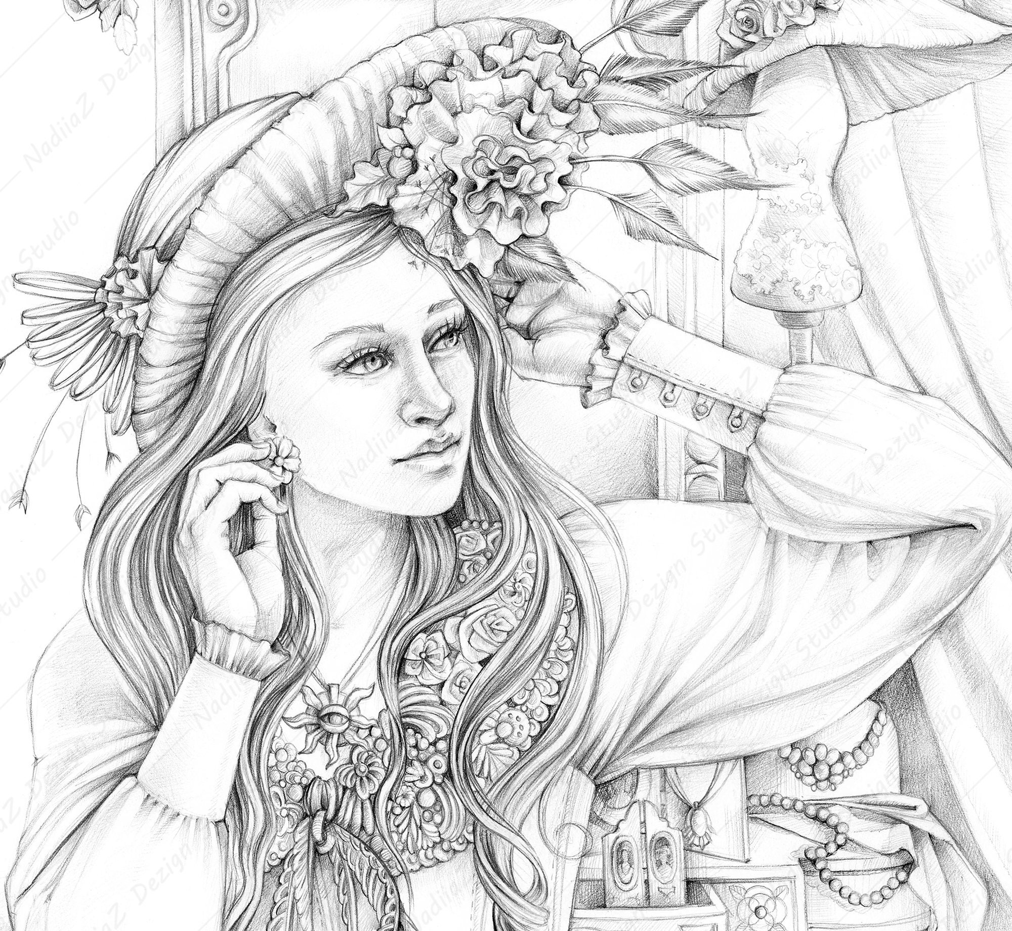 Adult Coloring Page of Grayscale Portrait of Girl With Hat in - Etsy