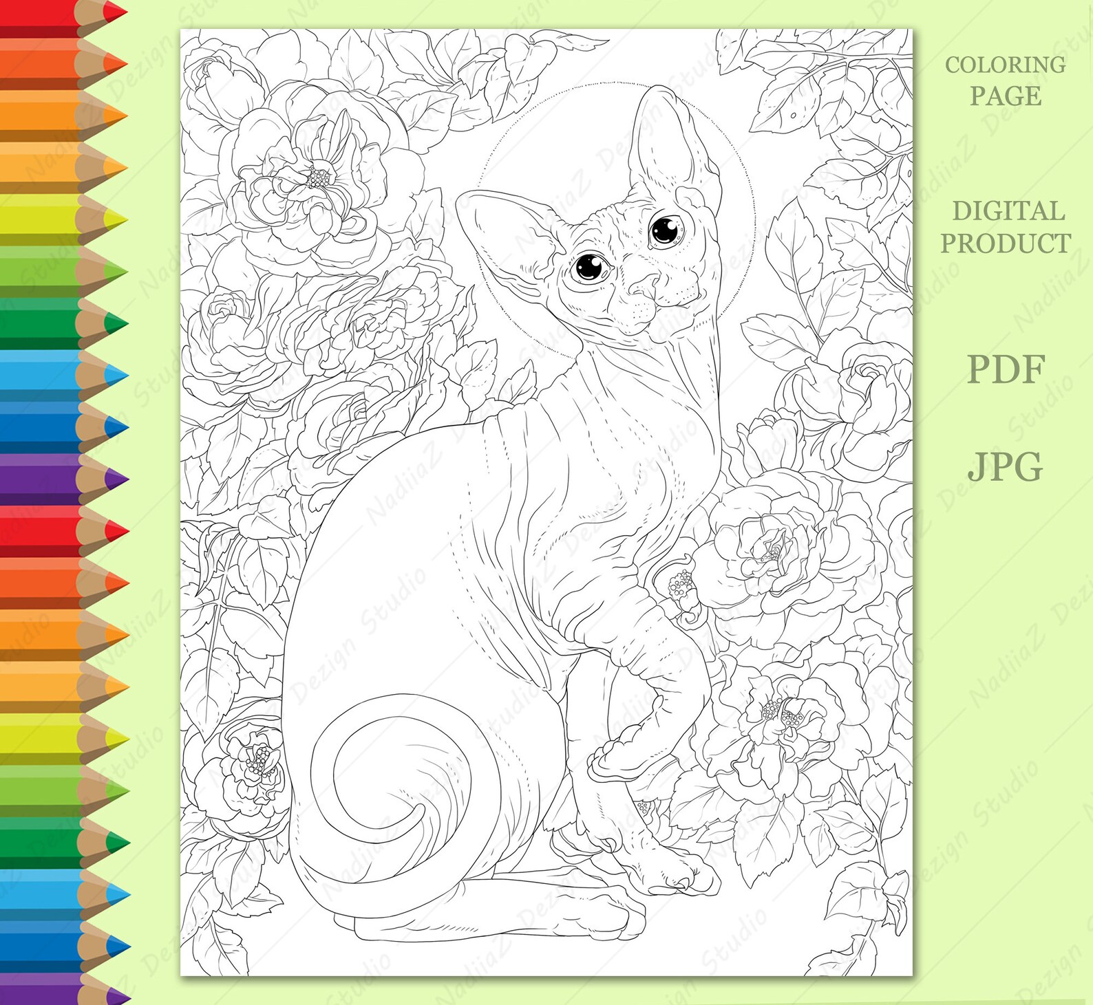 Coloring Page With Cat and Roses PDF Coloring Page Printable - Etsy