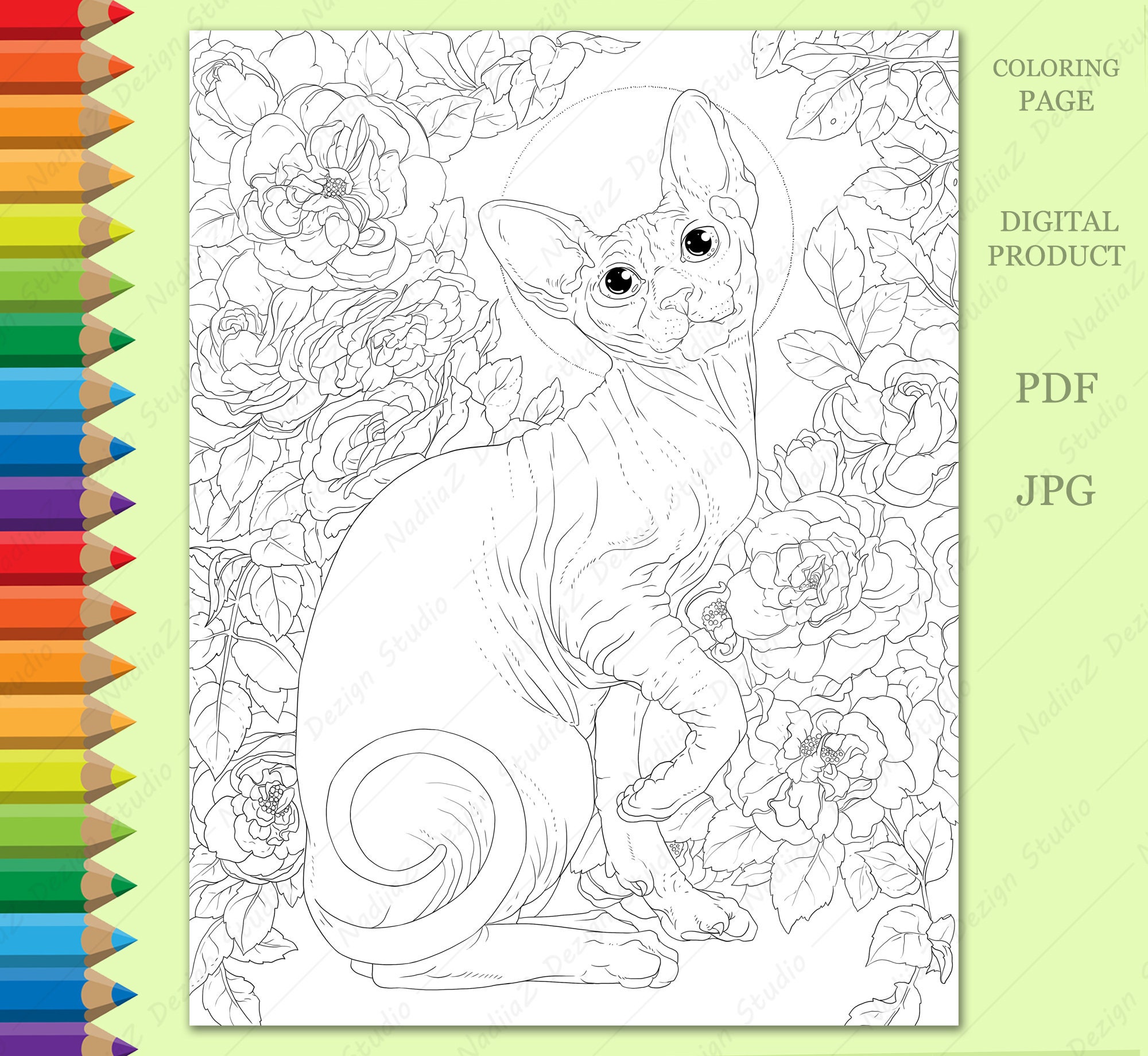 Coloring Page With Cat and Roses PDF Coloring Page Printable | Etsy
