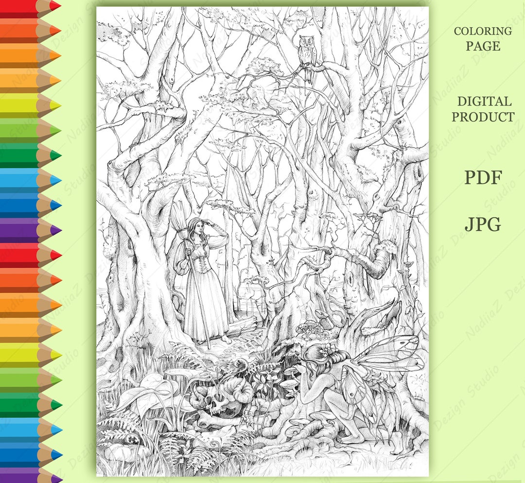 Witch Girl Coloring Page: Magical Forest Grayscale (PDF, JPG) - Etsy