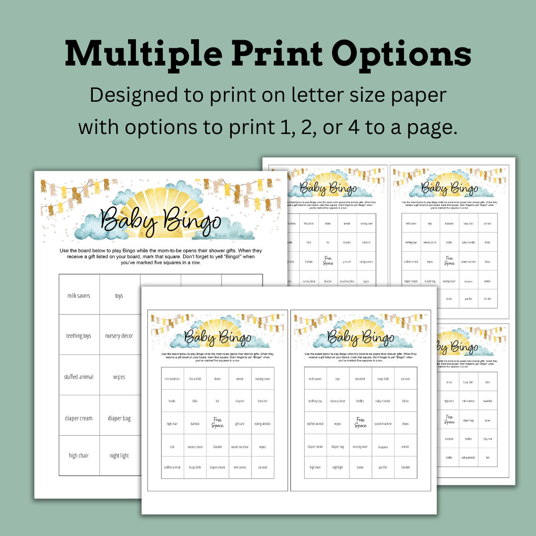 Printable Sunshine Baby Shower Bingo Game | Pre-filled Shower Gift ...