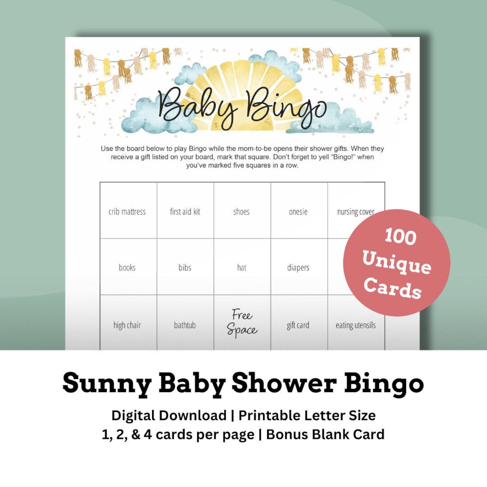 Printable Sunshine Baby Shower Bingo Game | Pre-filled Shower Gift ...