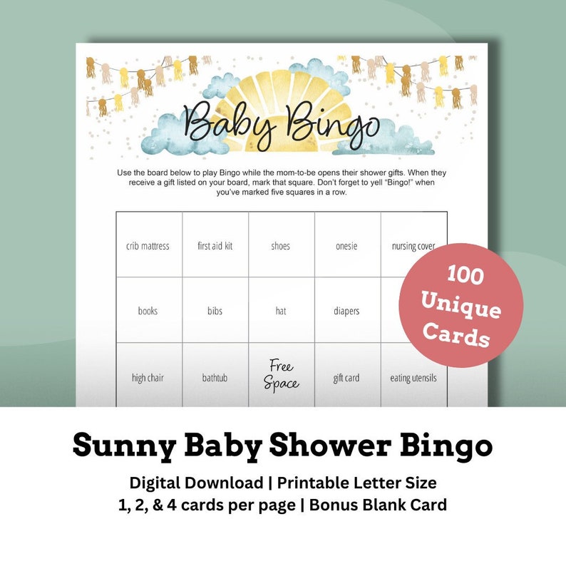 Printable Sunshine Baby Shower Bingo Game | Pre-filled Shower Gift ...