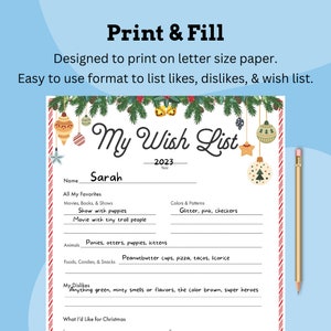 Printable Christmas Wish List for Kids and Adults Digital Download ...