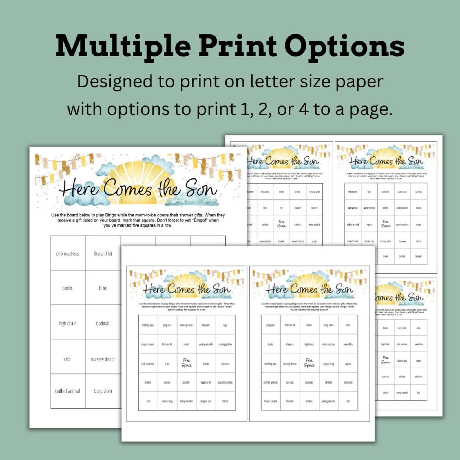 Here Comes the Son Baby Shower Bingo Game | Baby Shower Gift Bingo ...