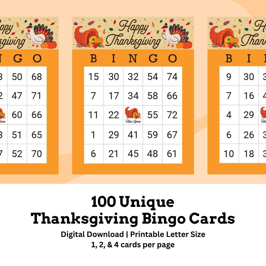 Printable Thanksgiving Bingo Cards Set of 100 | Digital Download Bingo ...