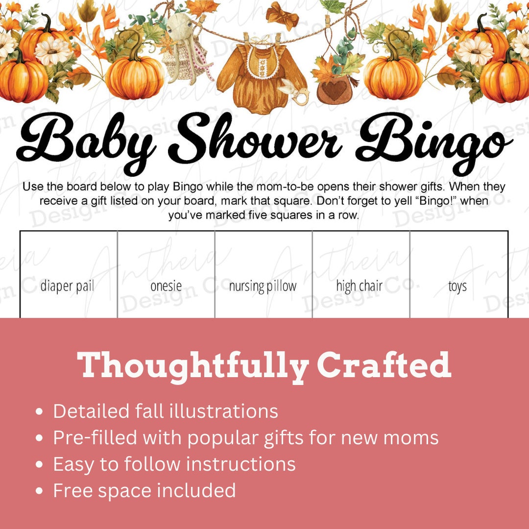 Printable Girl Baby Shower Bingo Game | Pre-filled Gift Bingo | Pumpkin ...