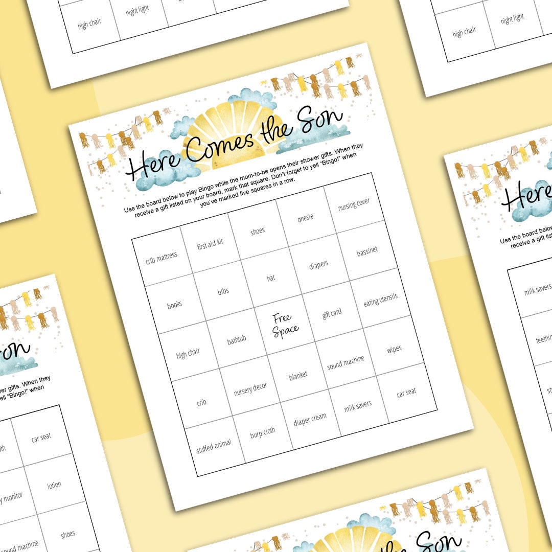 Here Comes the Son Baby Shower Bingo Game | Baby Shower Gift Bingo ...