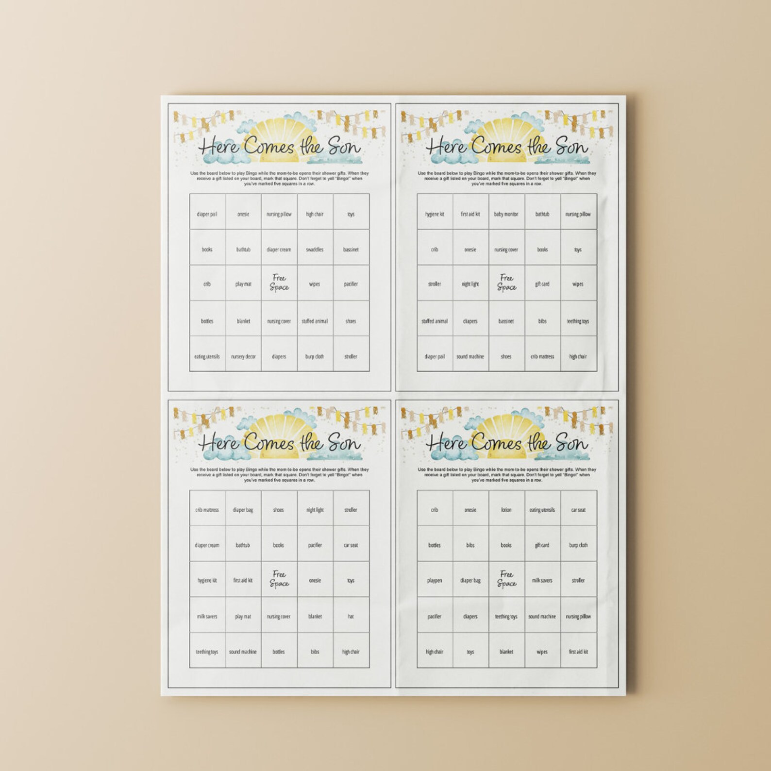 Here Comes the Son Baby Shower Bingo Game | Baby Shower Gift Bingo ...