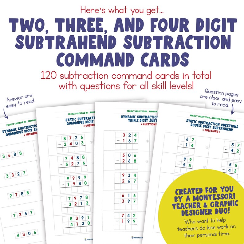 Printable Static & Dynamic Subtraction Command Cards | Montessori Math ...