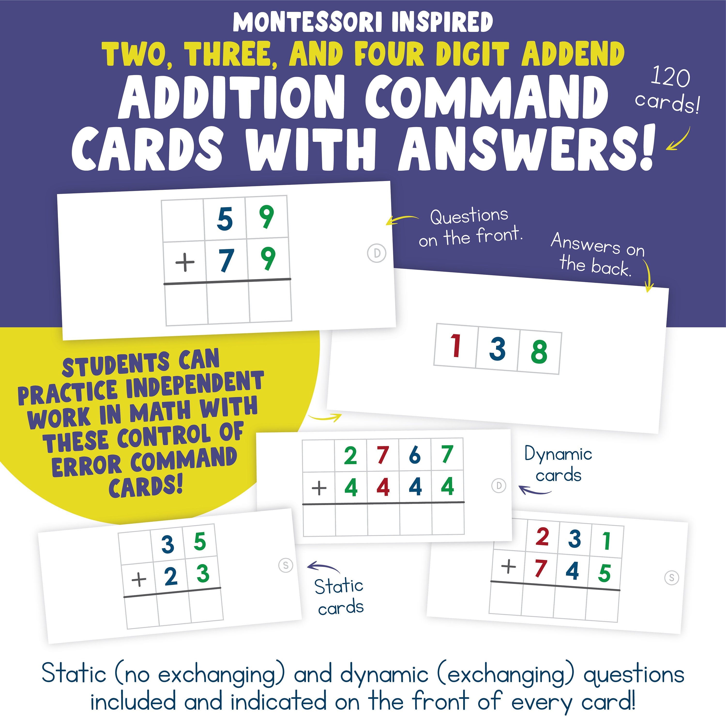 Printable Static and Dynamic Addition Command Cards | Montessori Math ...