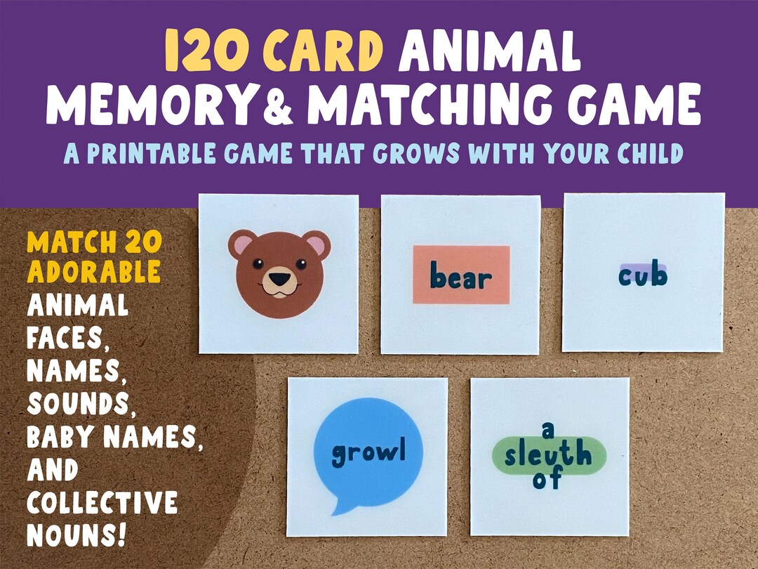 Animal Memory Match Game With Collective Nouns, Baby Names, and Sounds ...