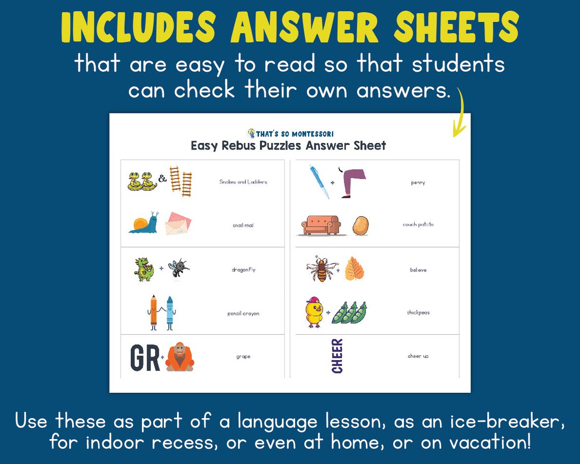 40 Rebus Puzzles With Answers | Brain Teasers | Printable Picture Puzzles - Etsy